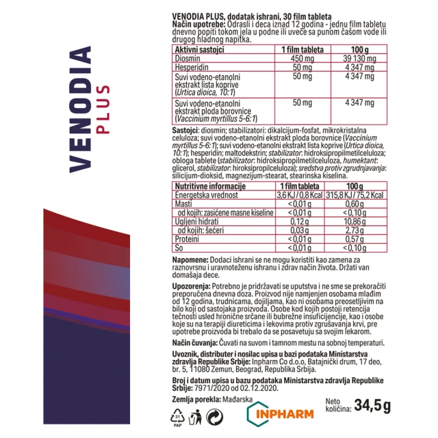 VENODIA plus, Inpharm, kod problema sa cirkulacijom, 30 film tableta ...