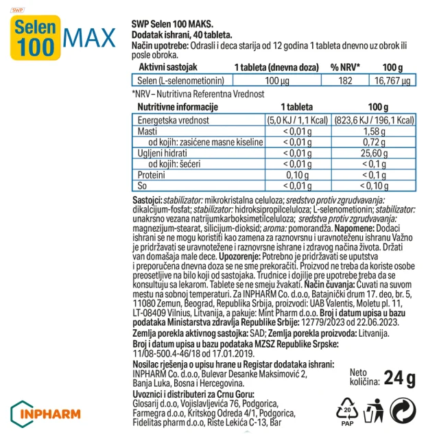 Selen 100 Max 40 Tableta| Apoteka Flos